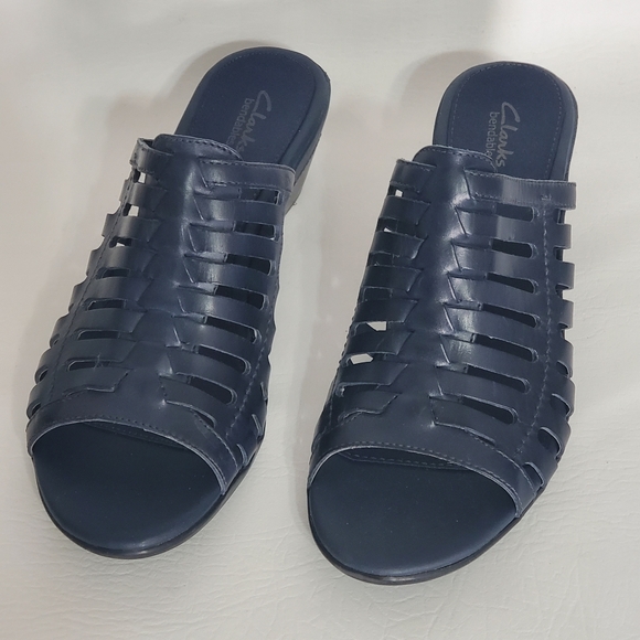 Clarks | Shoes | Clarks Womens Navy Blue Leather Mules Strappy Size 9 2 ...